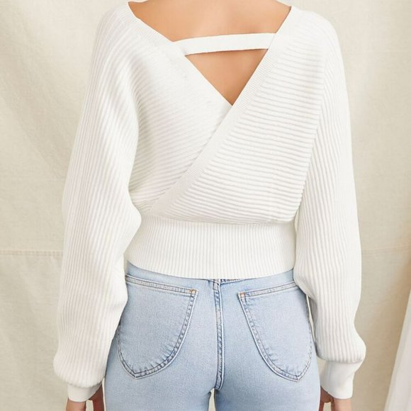 Sweaters | Open Back V Neck Ribbed Crop Sweater White | Poshmark